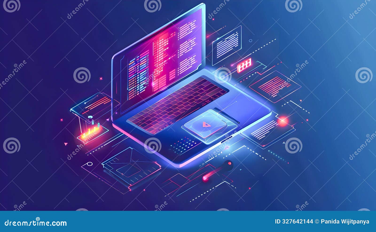 Isometric Computer Illustration with Neon Colors Stock Illustration ...