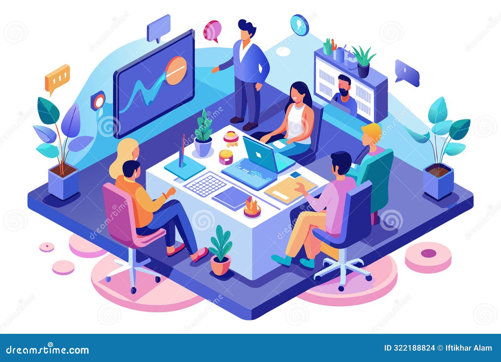 An Isometric Illustration Depicting a Remote Team Meeting with a ...