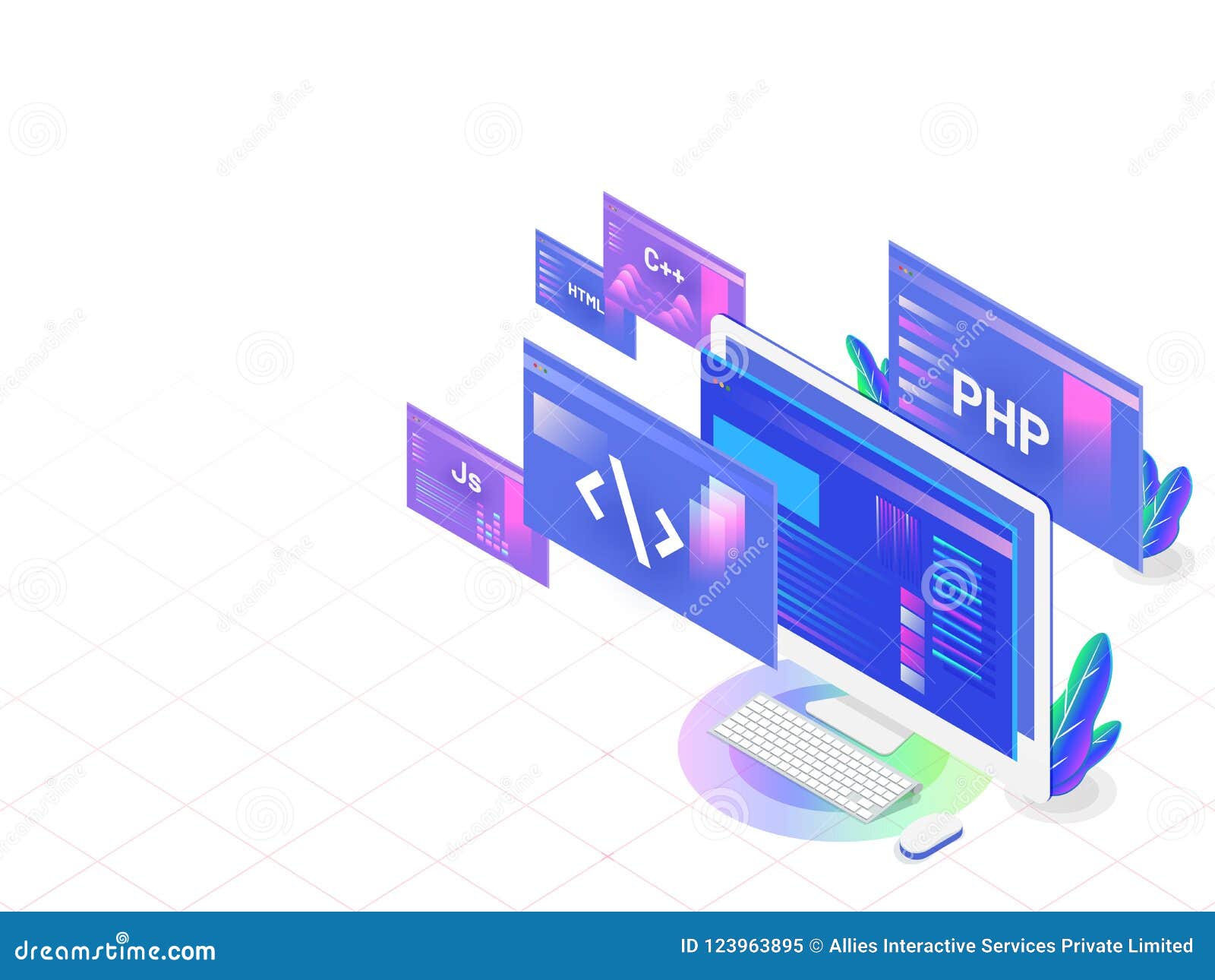 Isometric Illustration Of Desktop With Different Programing Lang Stock Illustration
