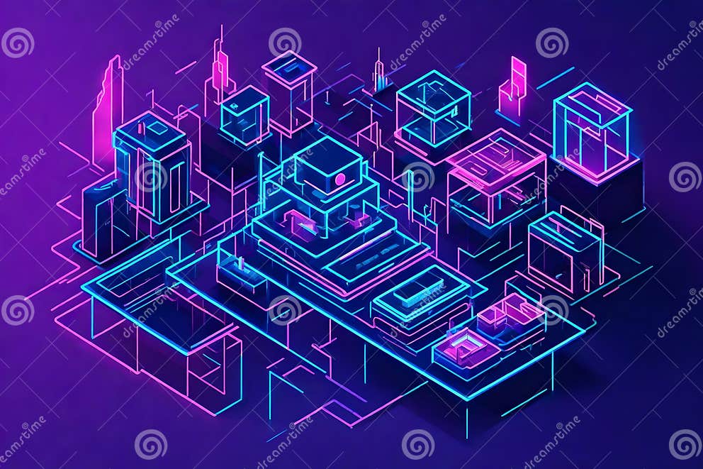 Isometric Illustration of Futuristic Tech Elements Against a Solid Blue ...