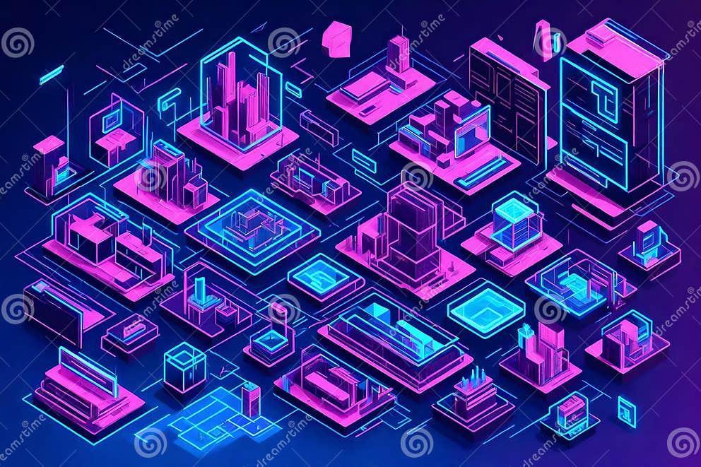 Isometric Illustration of Futuristic Tech Elements Against a Solid Blue ...