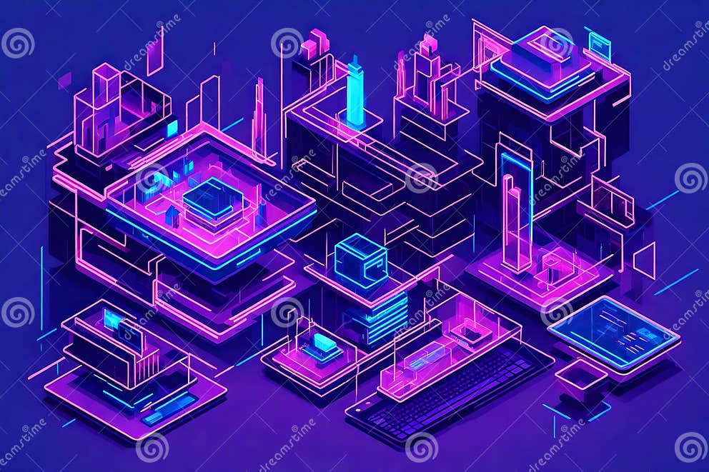 Isometric Illustration of Futuristic Tech Elements Against a Solid Blue ...
