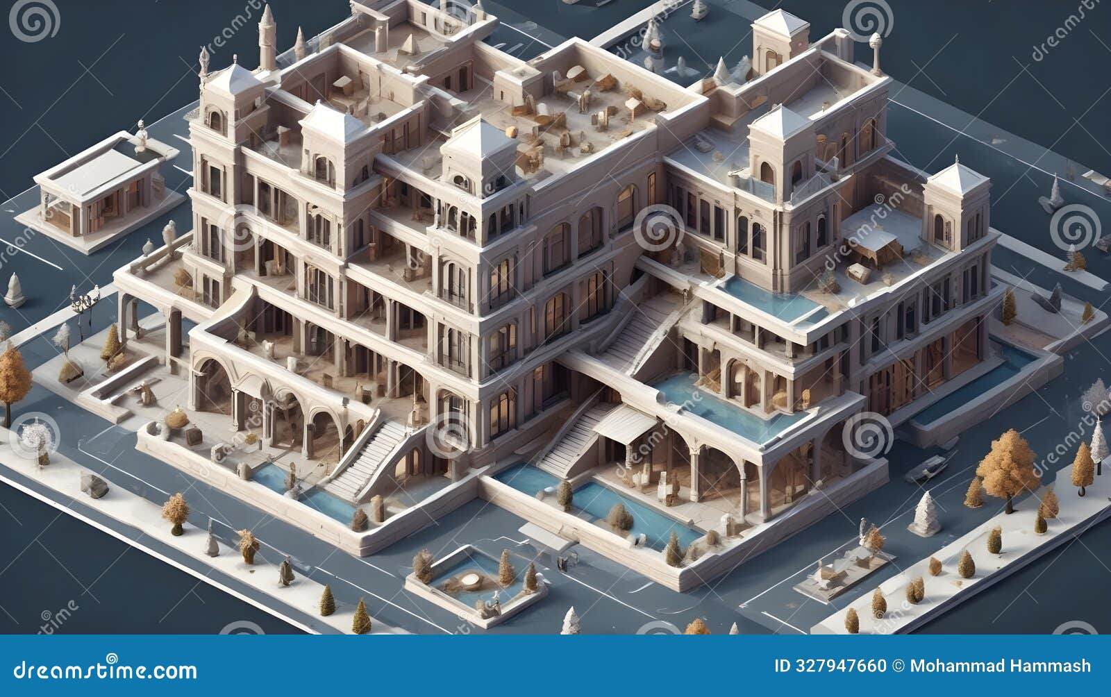 Isometric Illustration of a Grand, Multi-level Building with a Mix of ...
