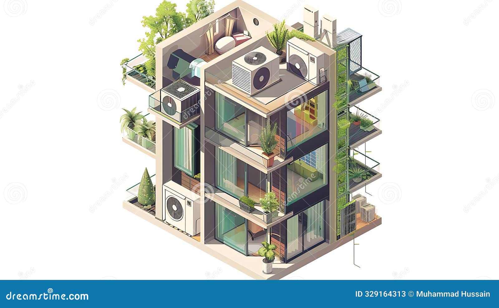 Isometric Illustration of a Green Apartment Building with Efficient ...