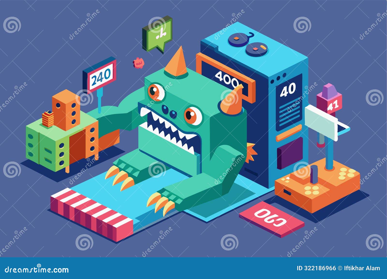 Isometric Illustration of a Green Monster with Horns and Sharp Teeth ...