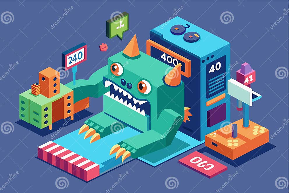 Isometric Illustration of a Green Monster with Horns and Sharp Teeth ...
