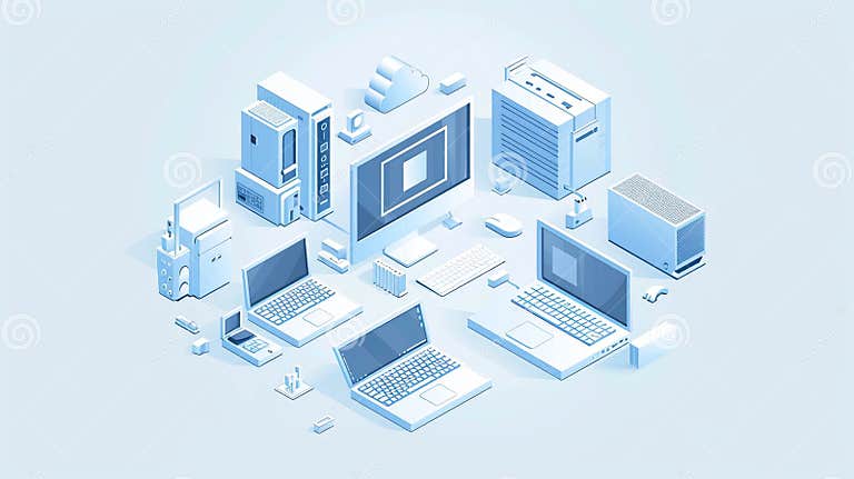 Isometric Illustration of a Group of Computers and Laptops Sitting ...