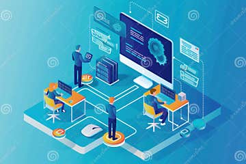 An Isometric Illustration of a Group of People Working on a Computer ...