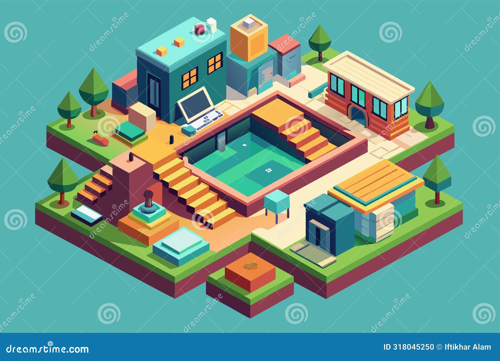 Isometric Illustration of a House Featuring a Swimming Pool in the ...