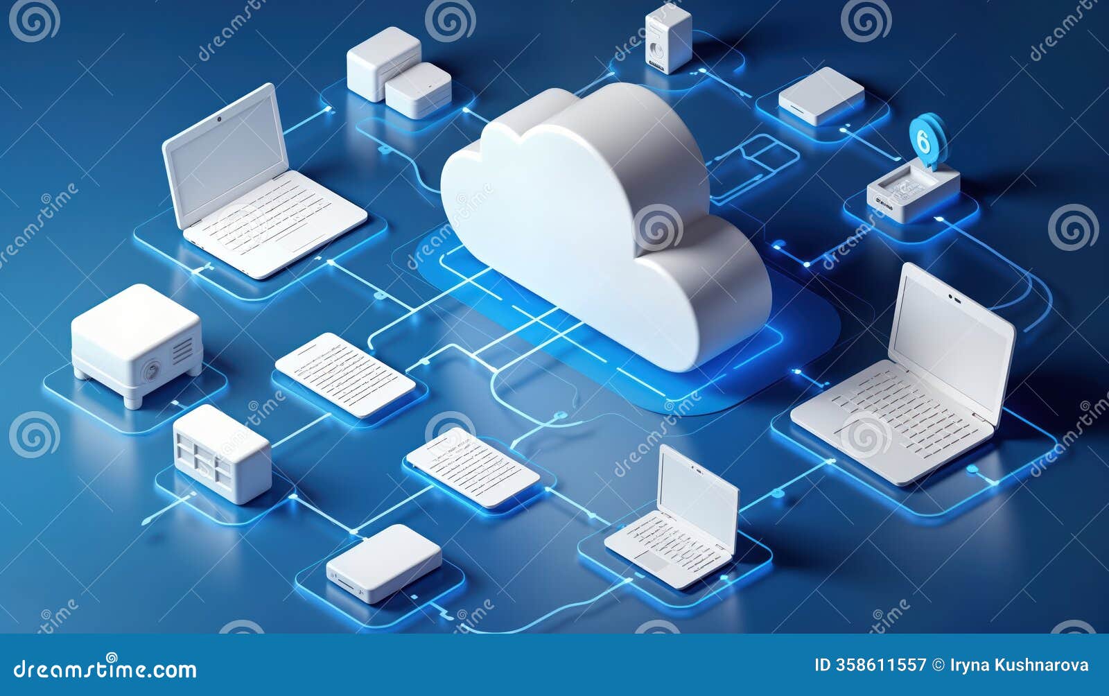 Isometric Illustration of Interconnected Devices Linked To White Cloud ...