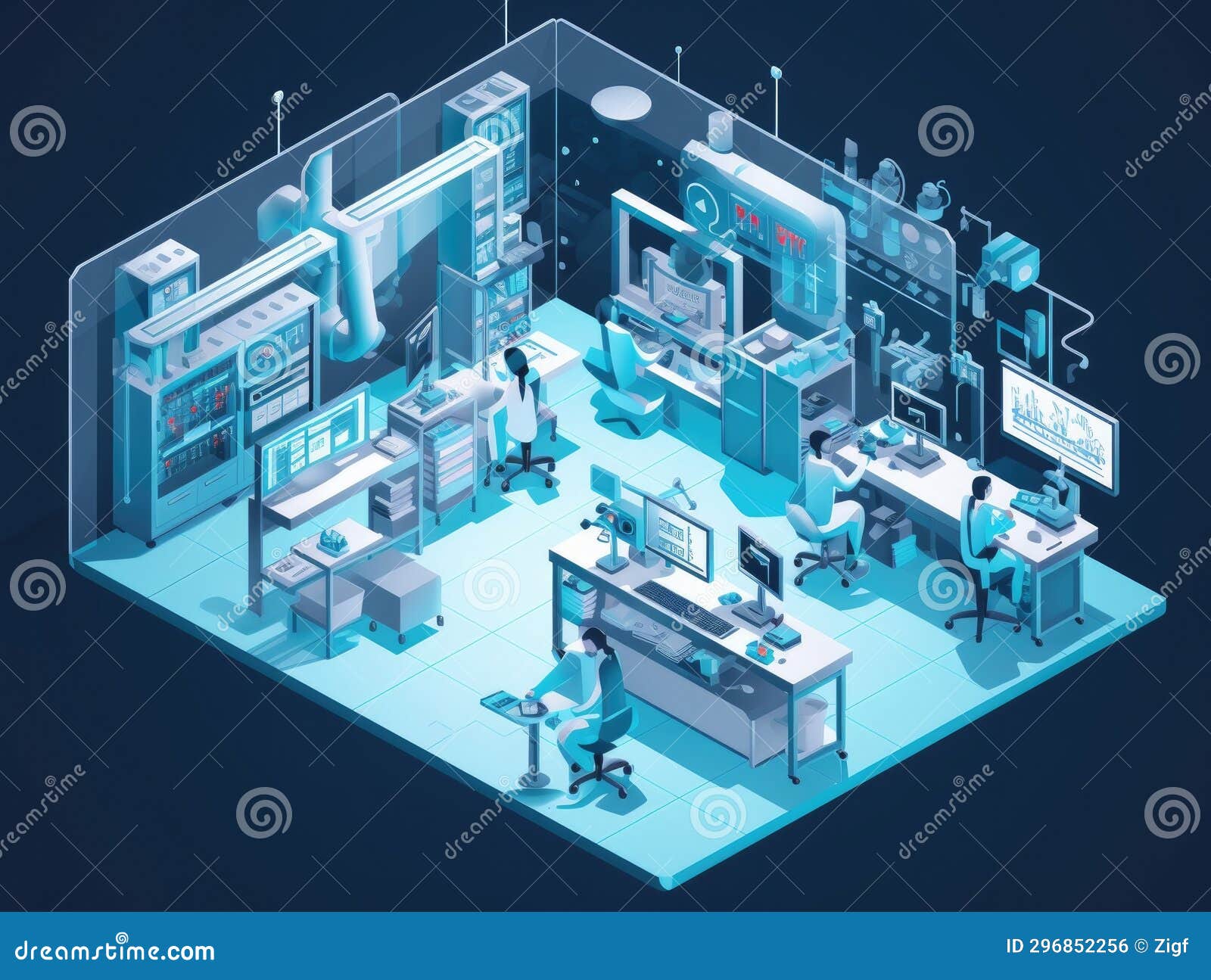Isometric Illustration of a Lab with People Working on Computers Stock ...