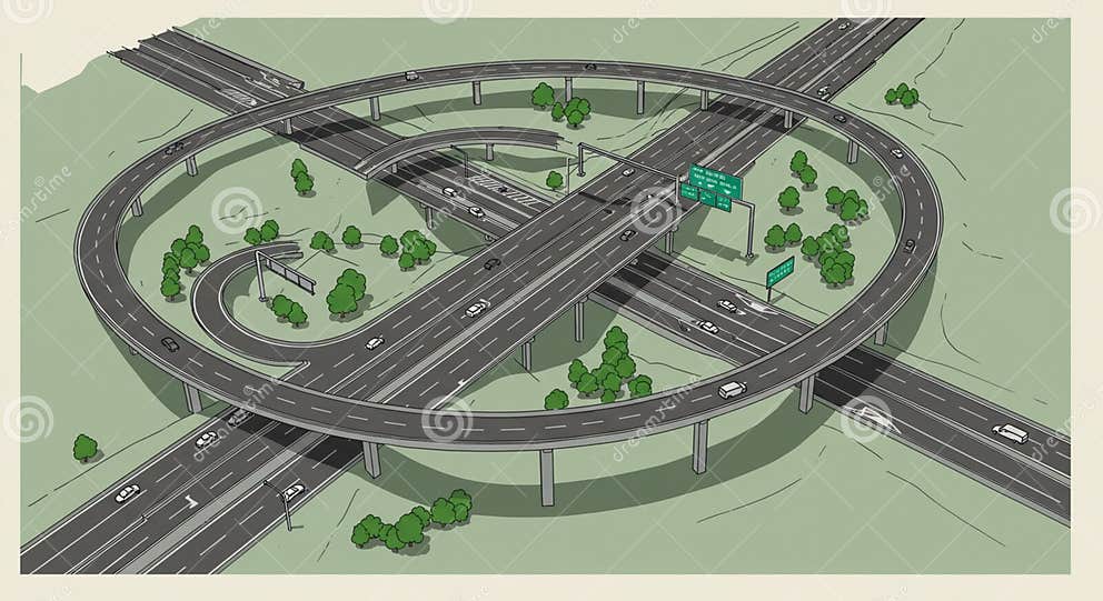 An Isometric Illustration of a Large Highway Interchange, Featuring ...