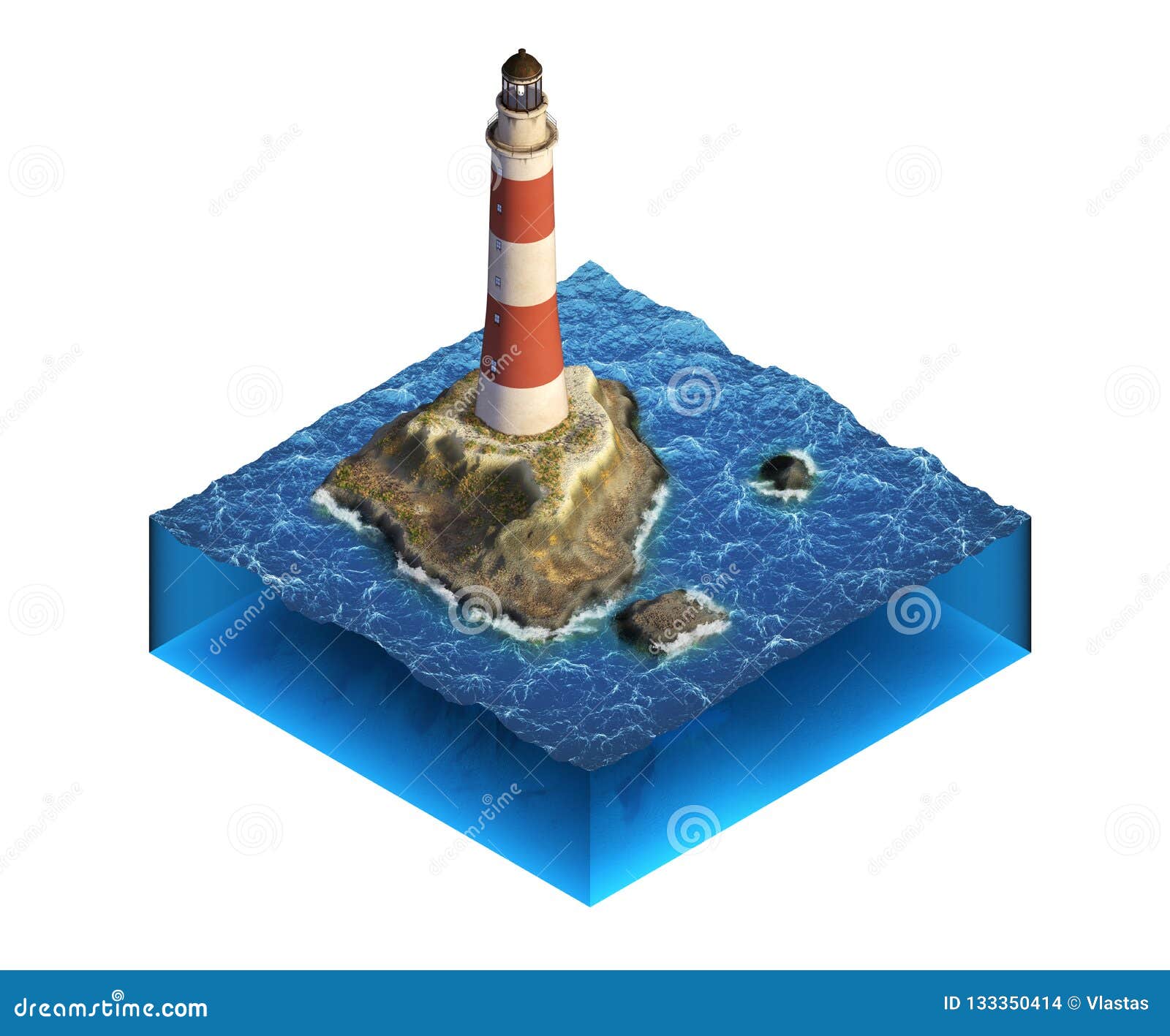 Isometric Illustration with Lighthouse on the Small Island Stock ...