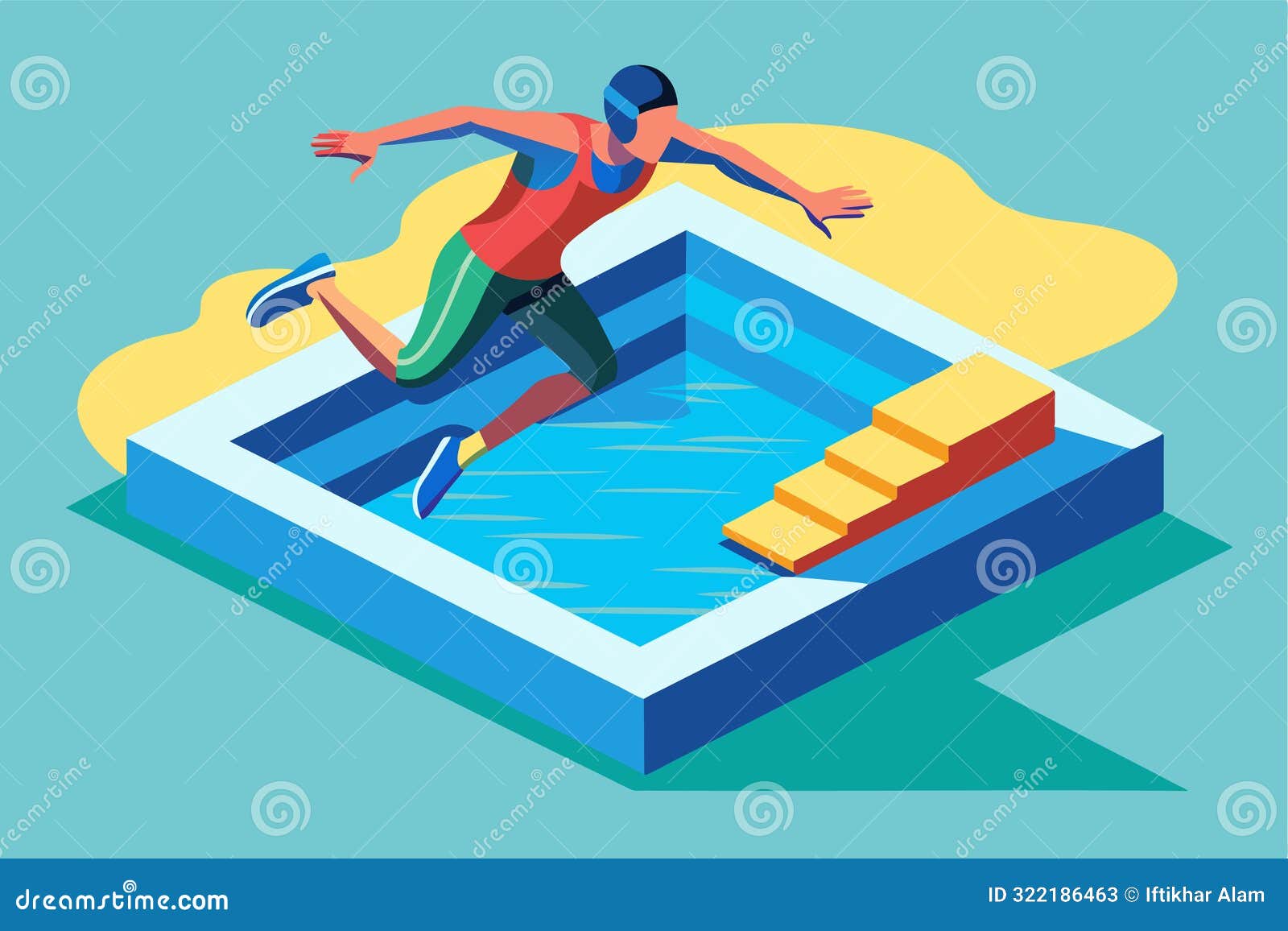 Isometric Illustration of a Man Jumping into a Pool with Steps on the ...