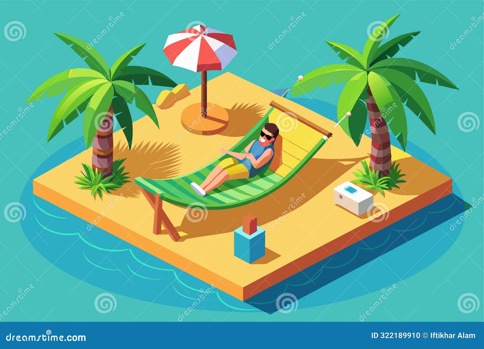 Isometric Illustration of a Man Sunbathing in a Hammock on a Tropical ...