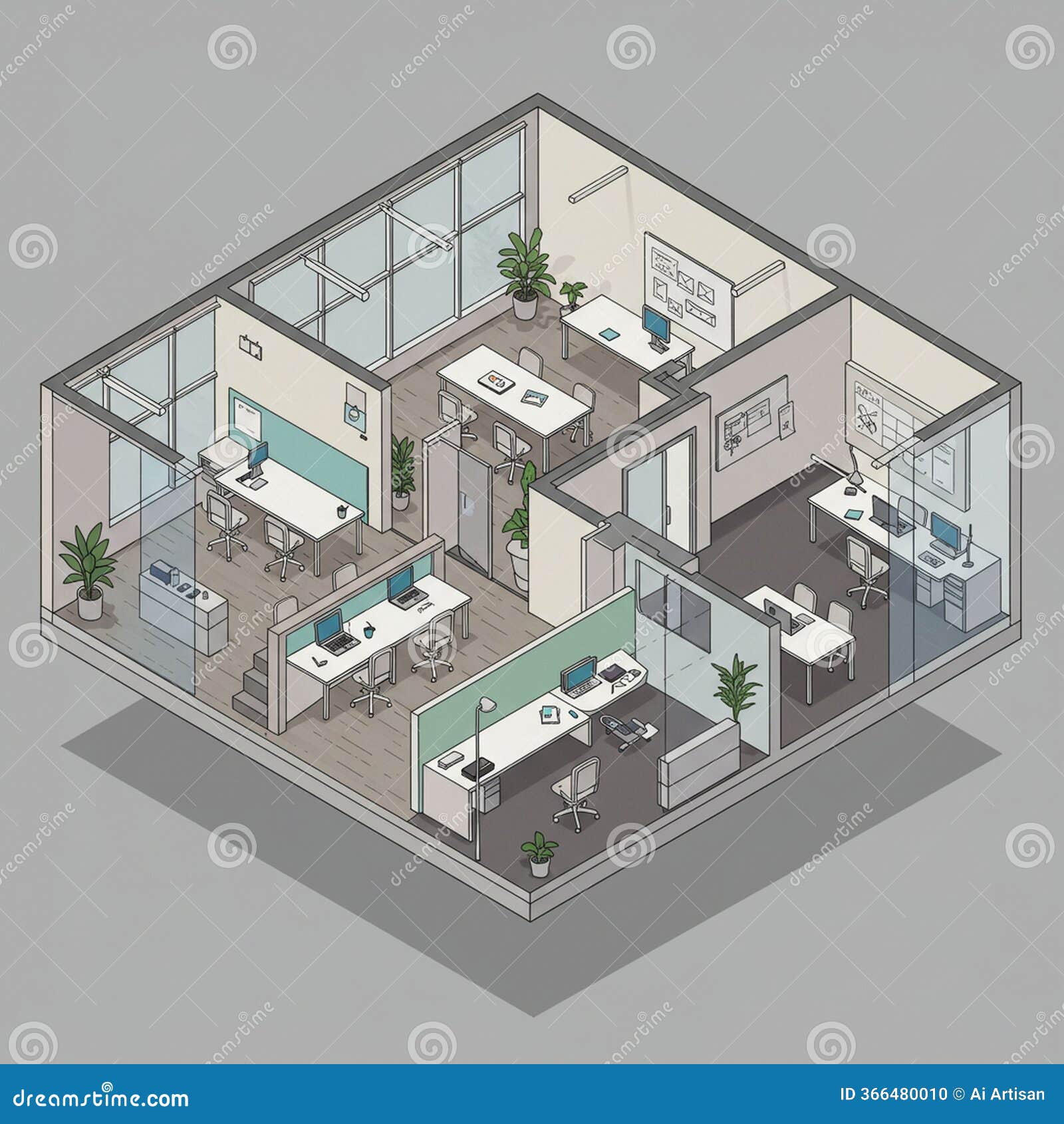 Isometric Illustration Of A Modern Open-plan Office Layout. Multiple ...