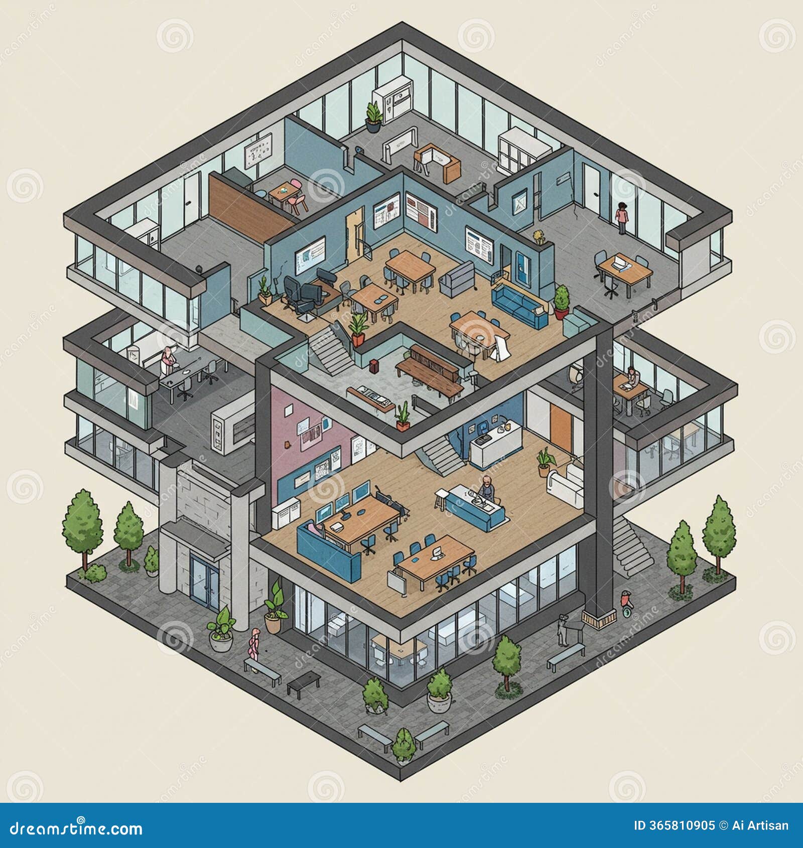 Isometric Illustration Of A Multi-story Office Building With Three ...