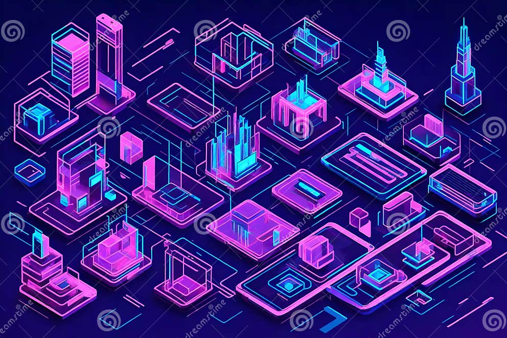 Isometric Illustration of Tech Elements on a Solid Blue Background with ...