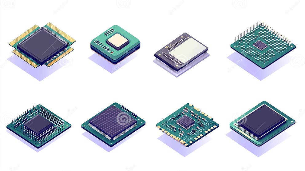 Isometric Illustration of Various Microprocessors and CPU Chips for Technology Designs Stock ...