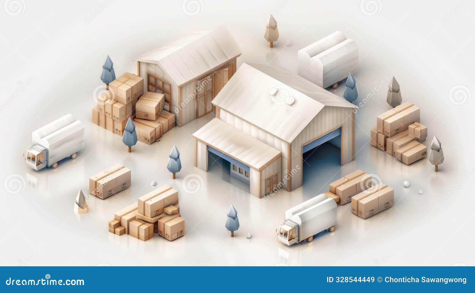 Isometric Illustration Of A Warehouse With Delivery Trucks And Boxes ...