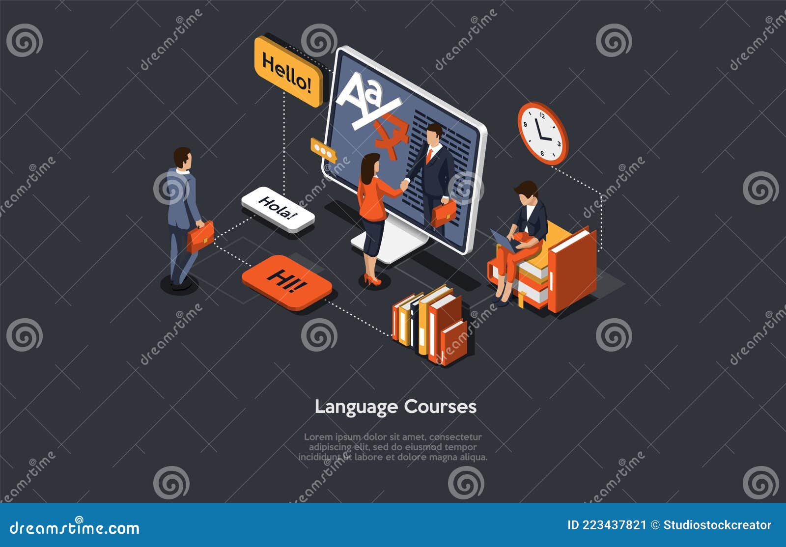 Isometric Illustration with Writing and Characters. Vector Composition ...