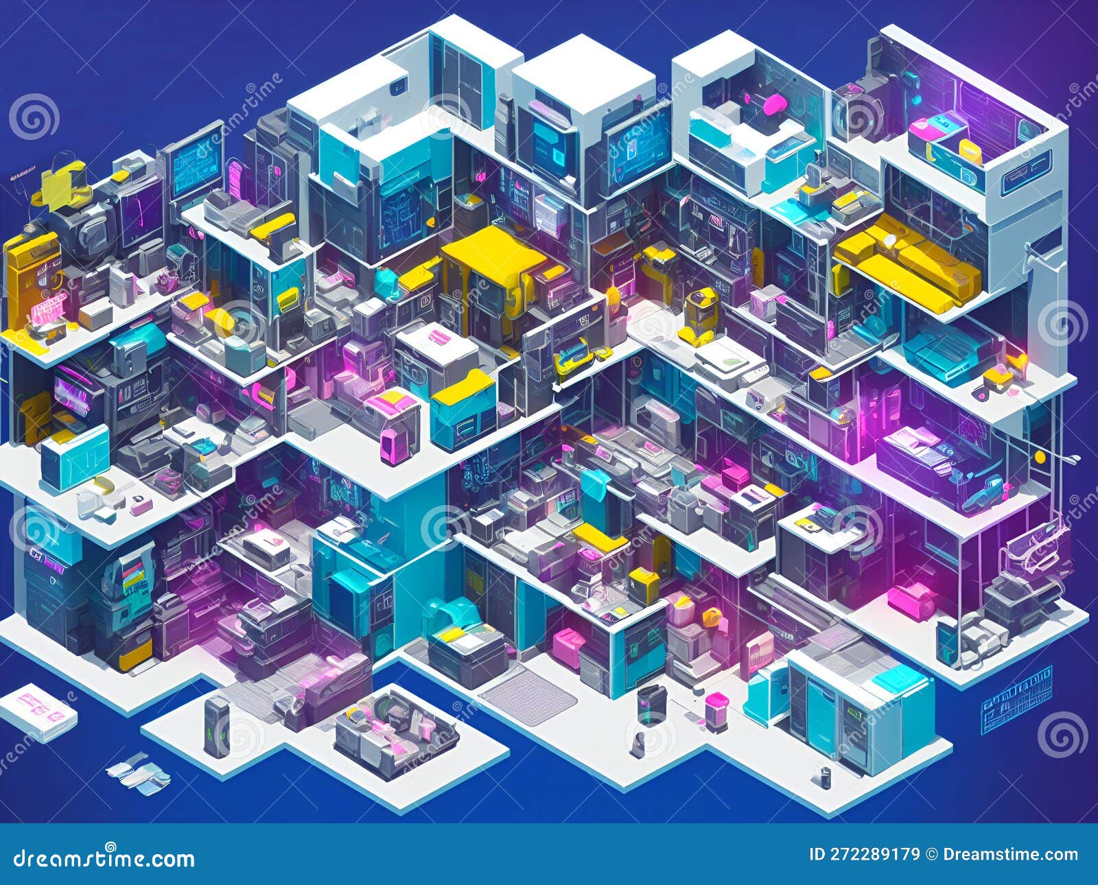Isometric Image of Interior Office Produced with Cyberpunk Style. Stock ...