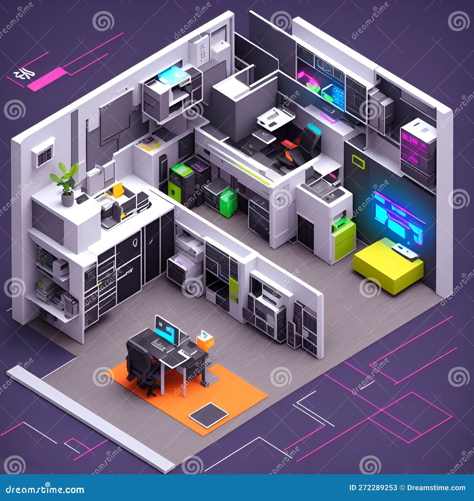 Isometric Image of Interior Office Produced with Cyberpunk Style. Stock ...