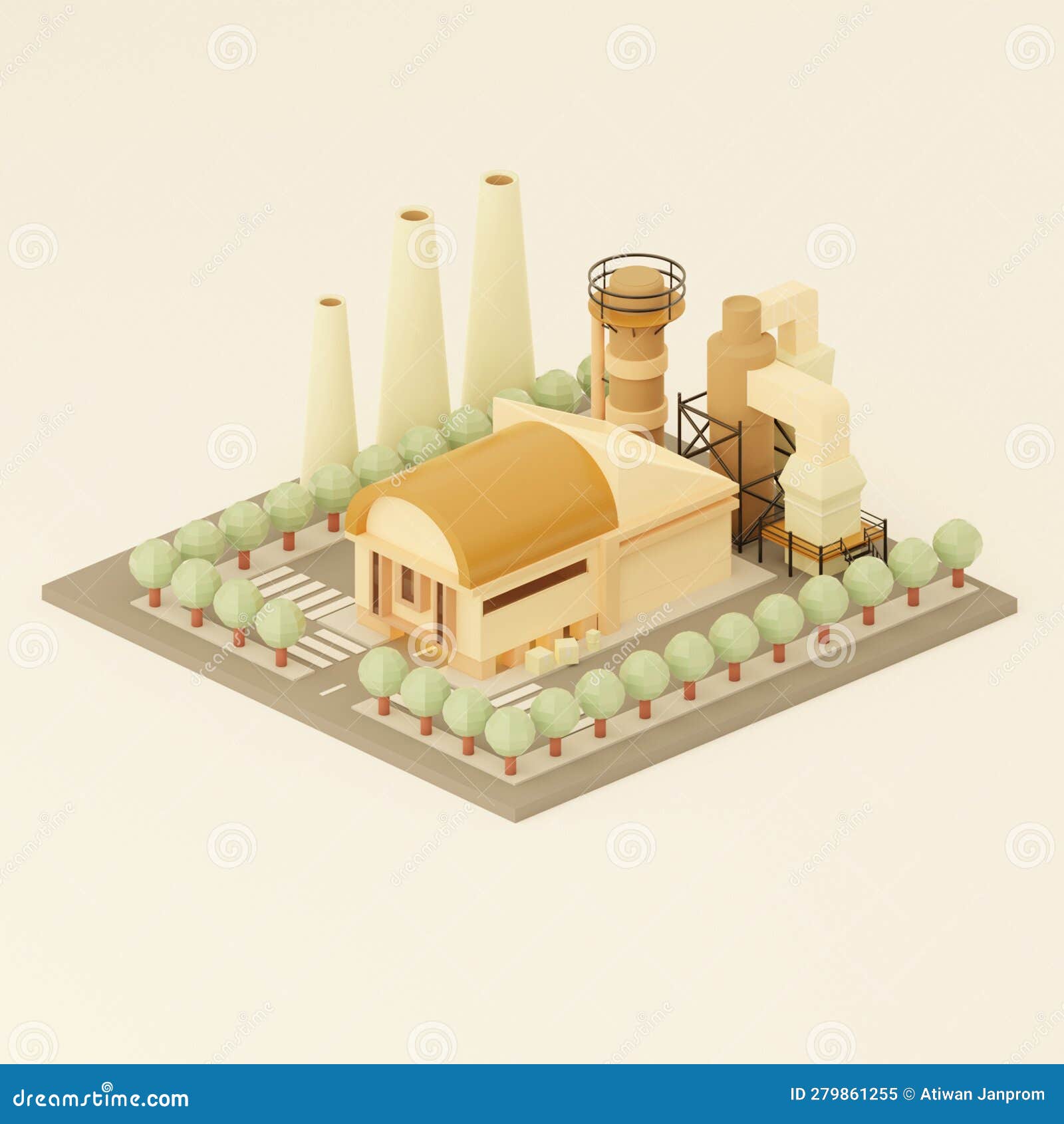 Isometric Industrial Factory with Road and Tree on Cream Background ...