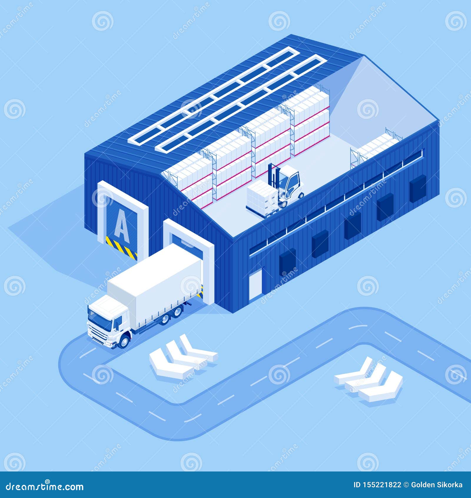 Isometric Industrial Warehouse Loading Dock. Truck With Semi Trailers ...