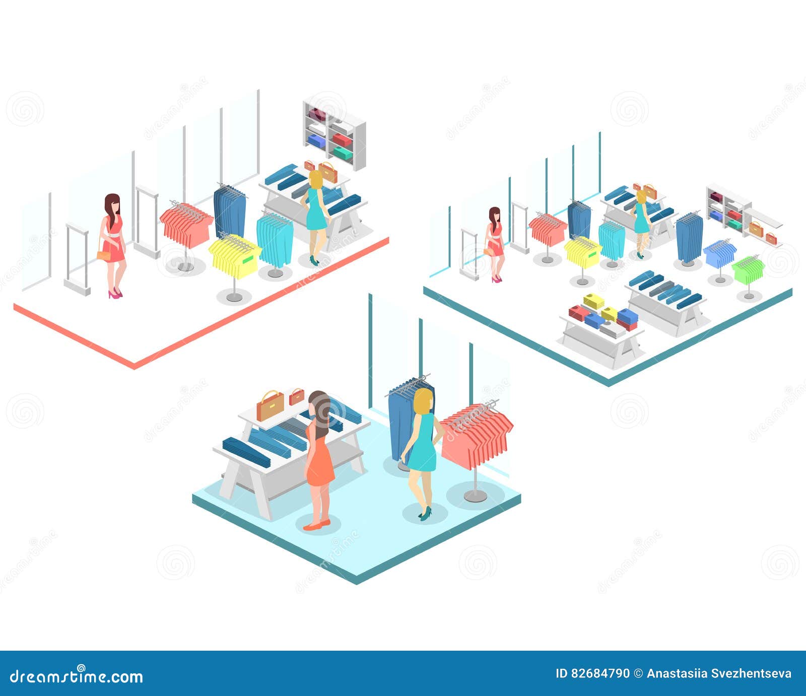 Isometric Infographic Flat 3D Interior of Clothing Store Inside. Stock ...