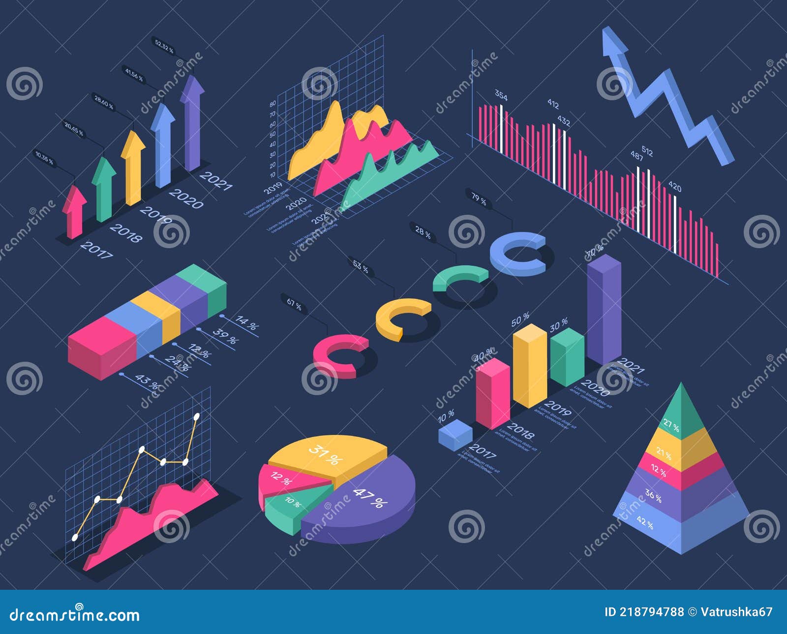 Isometric Infographics. Pie Chart, Circle Graph, Histogram, Pyramid ...