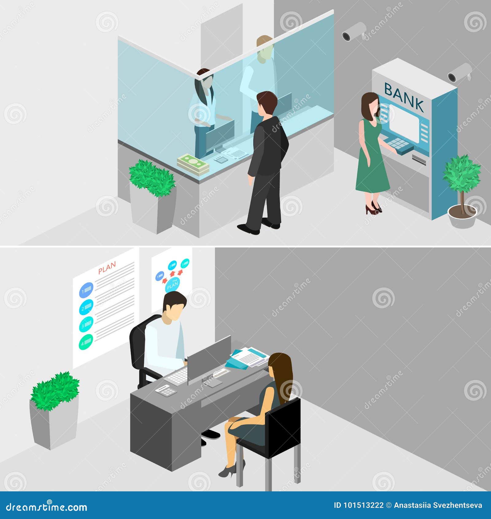 Isometric interior of bank stock illustration. Illustration of banker ...