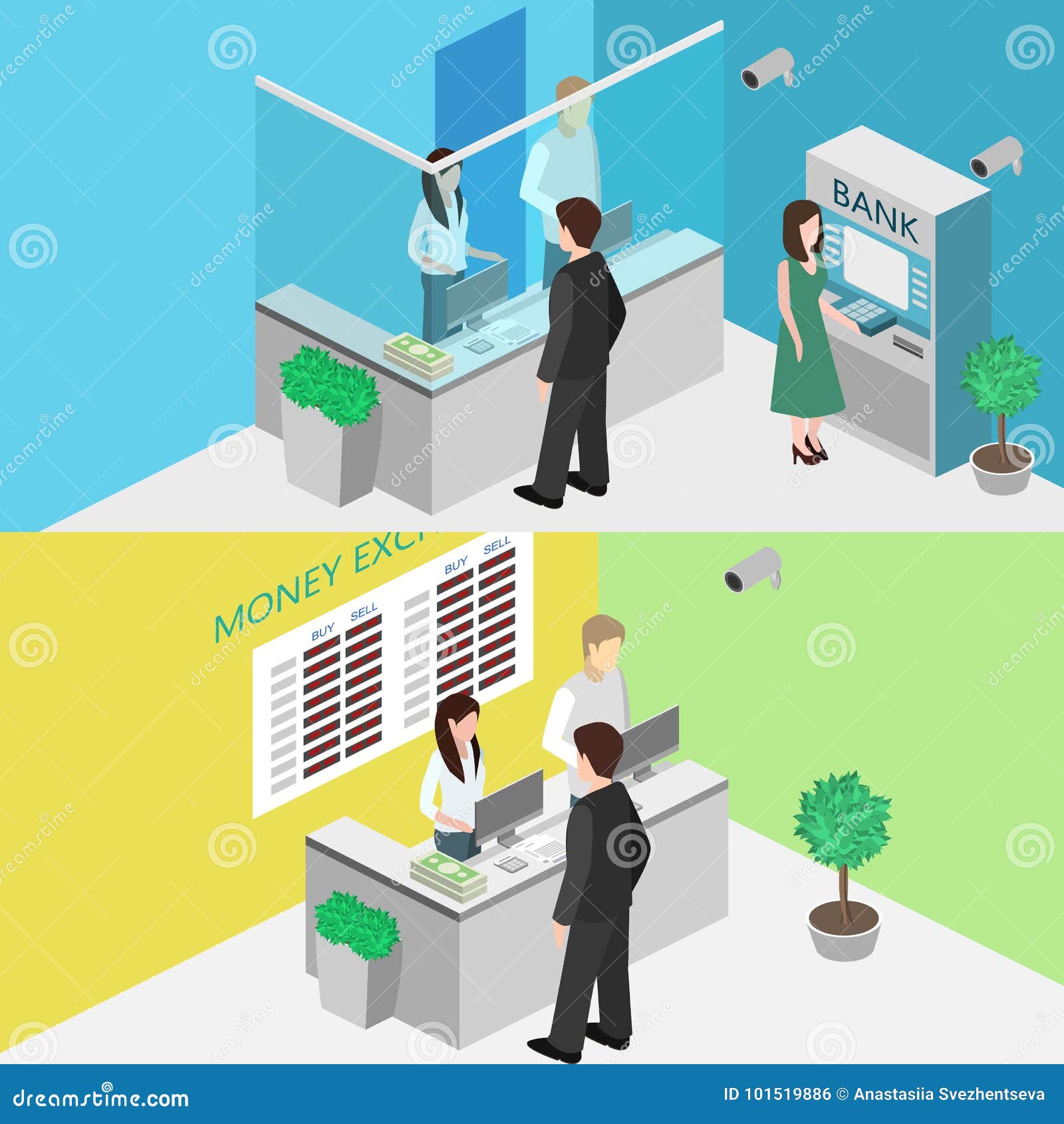 Isometric interior of bank stock illustration. Illustration of dollar ...