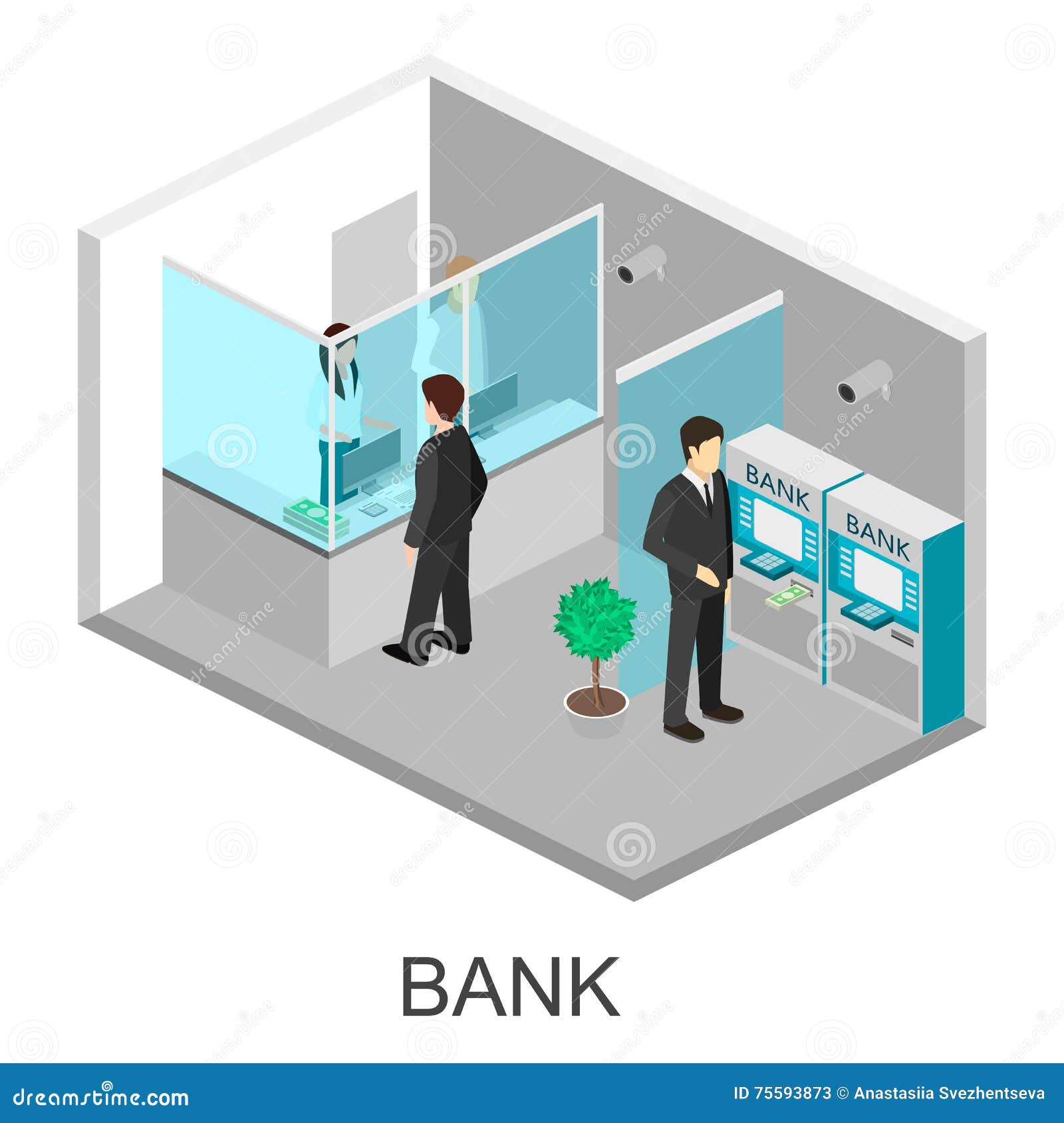 Isometric interior of bank stock vector. Illustration of real - 75593873