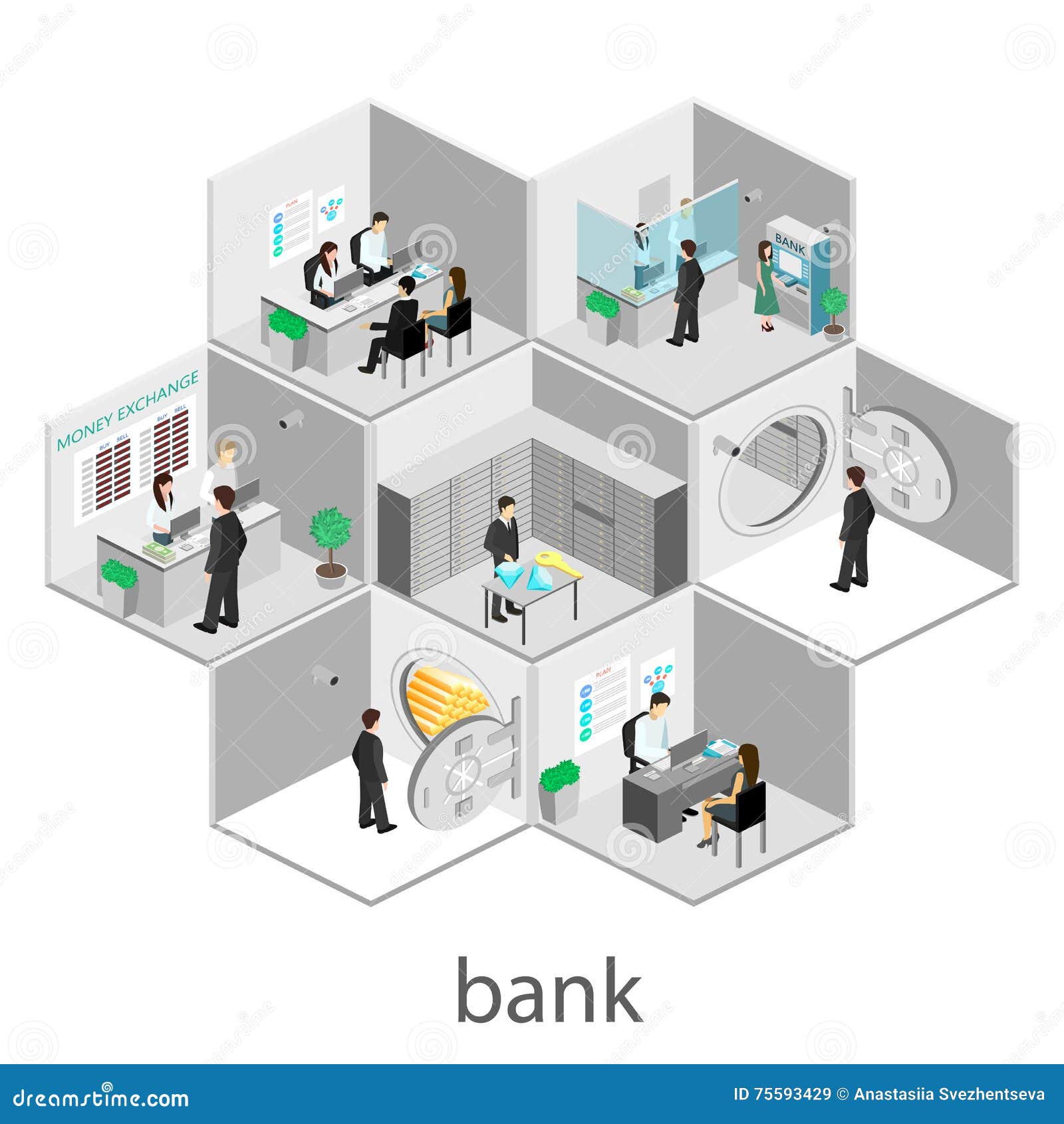 Isometric interior of bank stock vector. Illustration of interior - 75593429