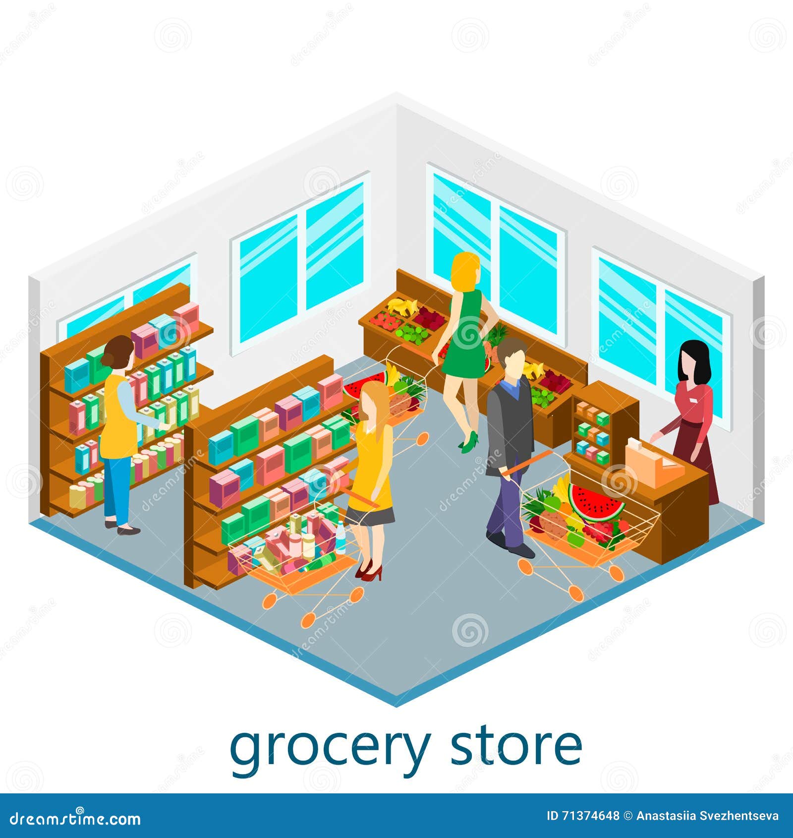 Isometric Interior of Grocery Store. Shopping Mall Flat 3d Isometric ...