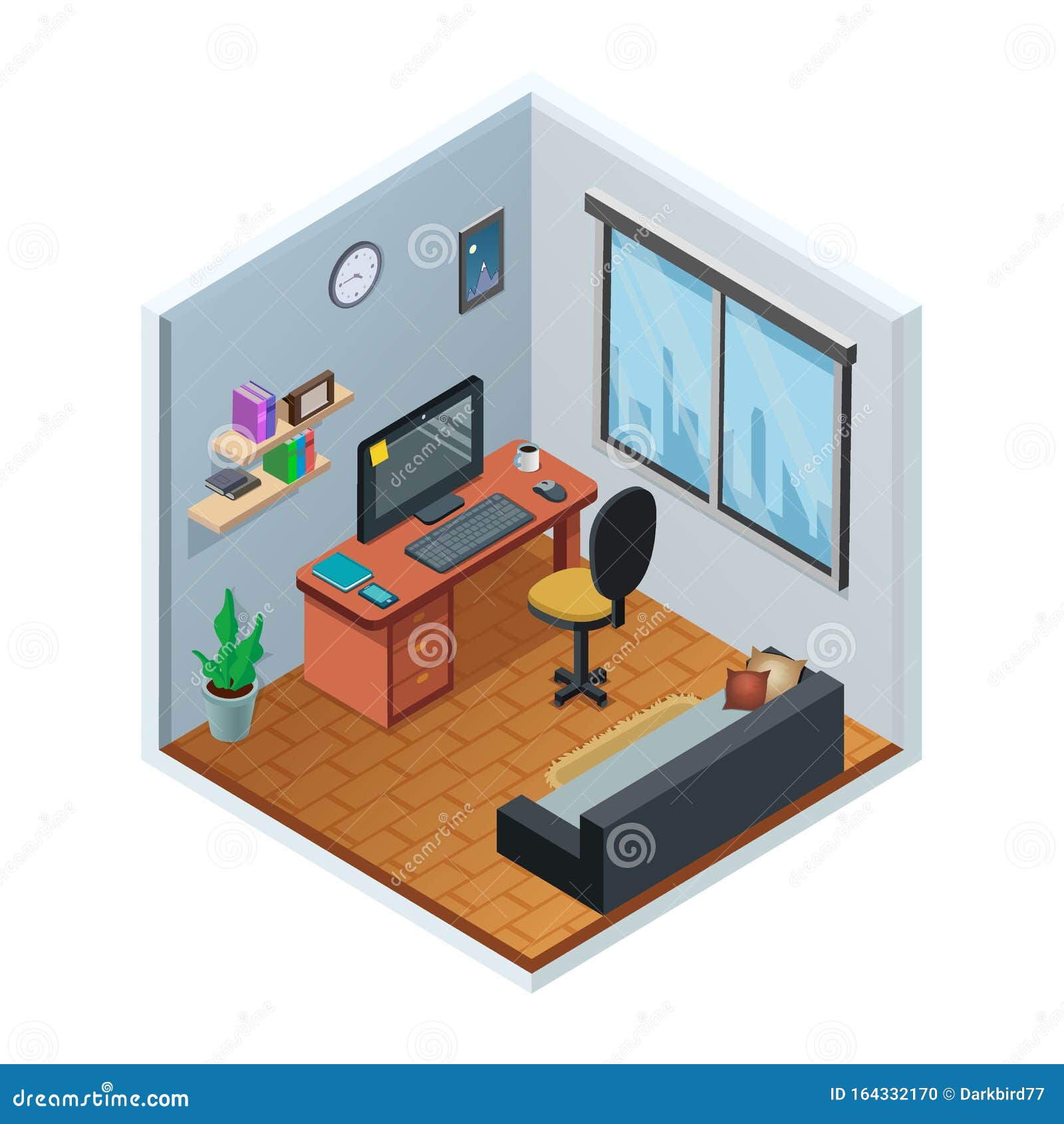 Isometric Interior Home Office Room Concept Design Stock Illustration ...