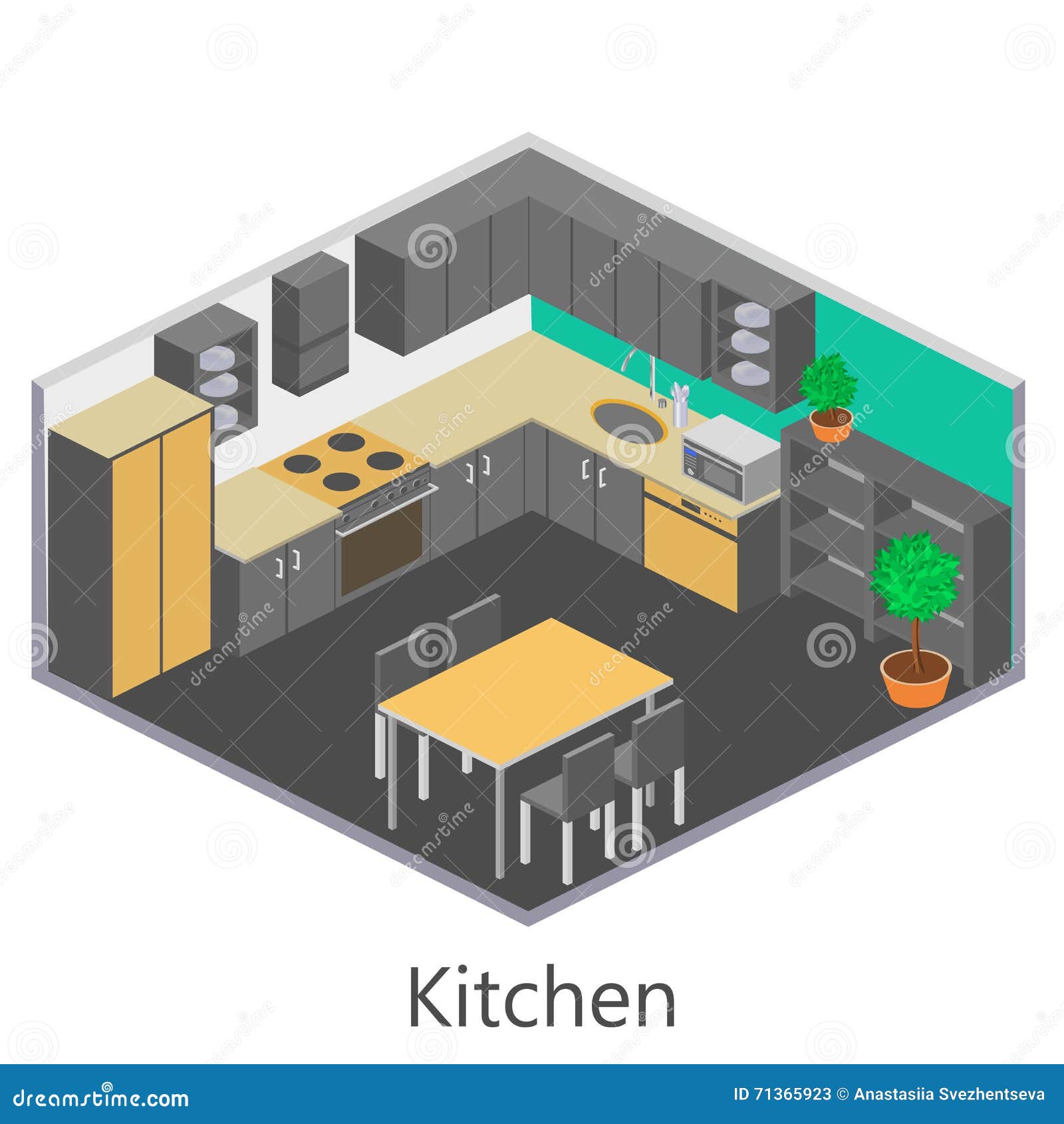 Isometric Interior Modern Kitchen Stock Illustration - Illustration of ...