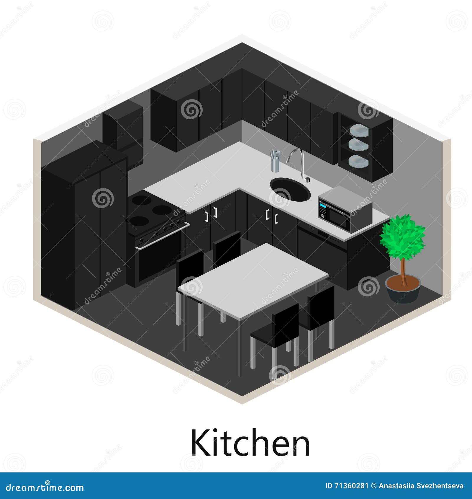 Isometric Interior Modern Kitchen Stock Illustration - Illustration of ...