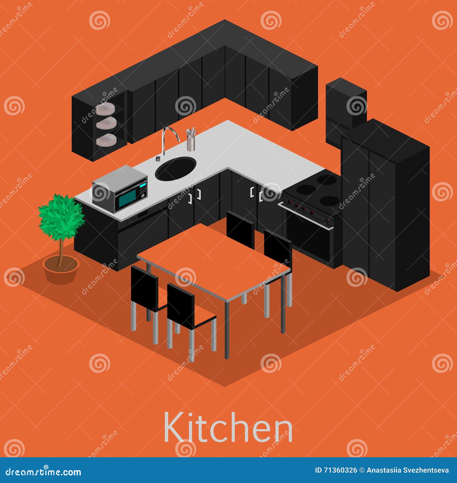 Isometric Interior Modern Kitchen Stock Illustration - Illustration of ...