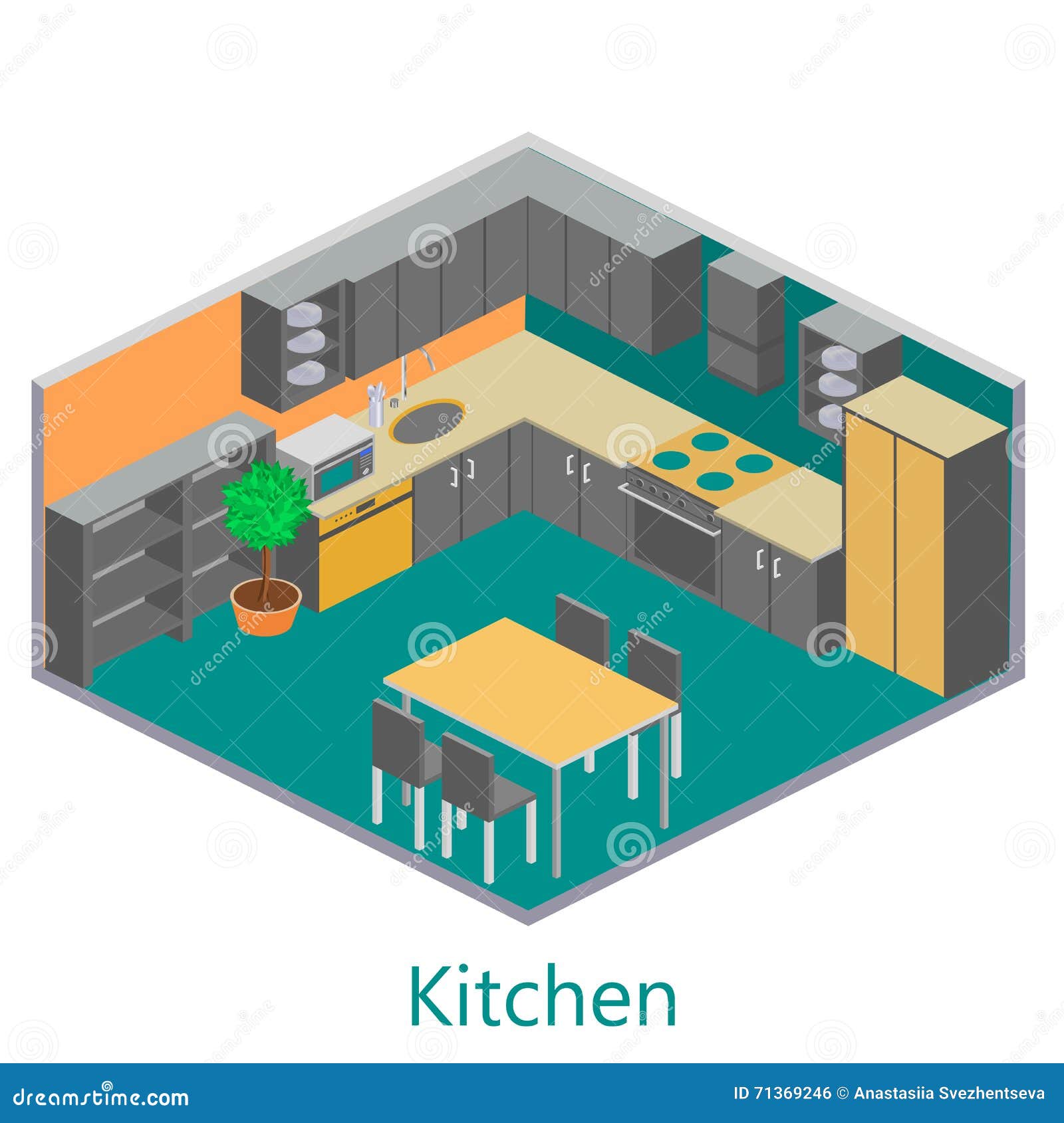 Isometric Interior Modern Kitchen Stock Illustration - Illustration of ...