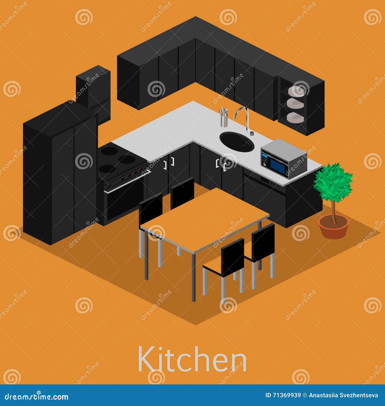 Isometric Interior Modern Kitchen Stock Illustration - Illustration of ...