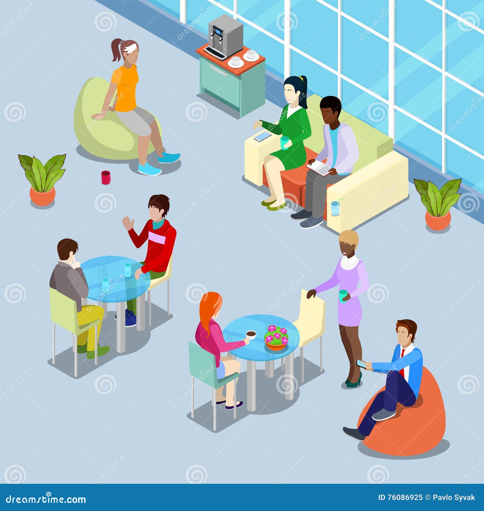 Isometric Interior Office Canteen and Relax Area with People Stock ...