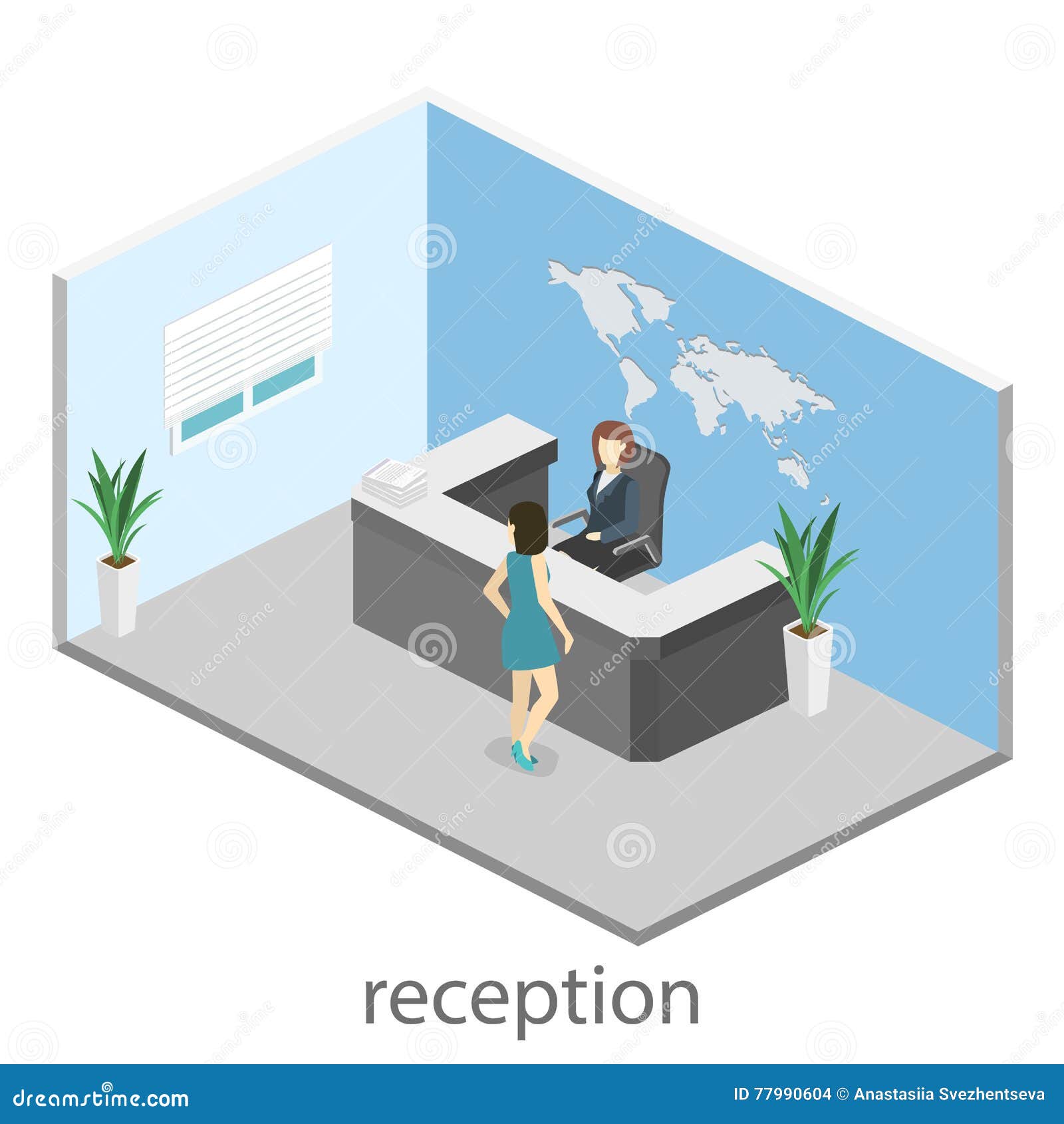 Isometric Interior of Reception. World Map on the Wall Stock ...