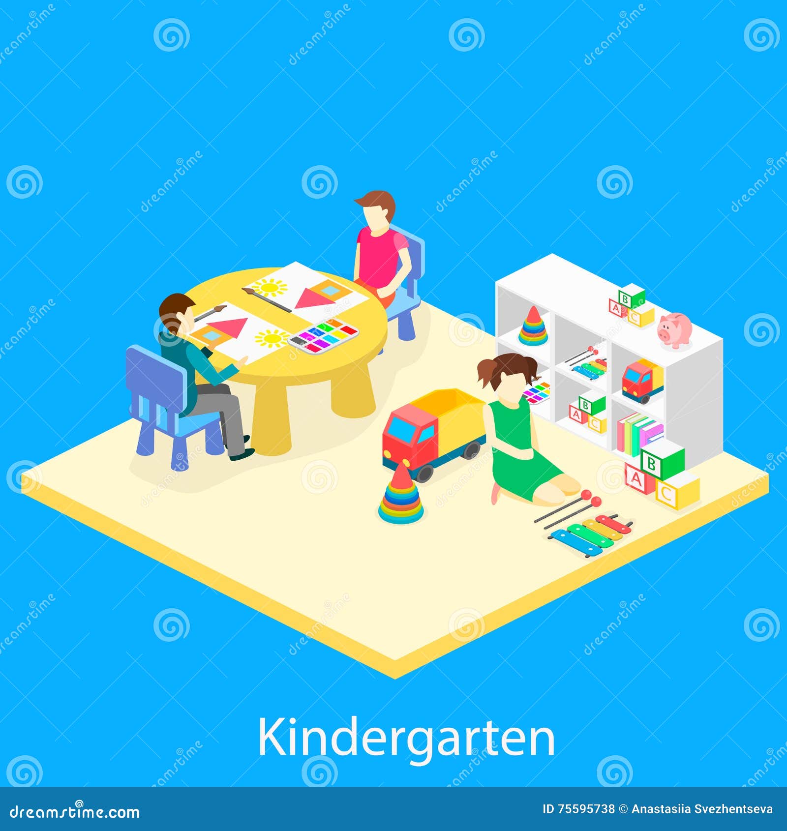 Isometric Interior of Room in the Kindergarten. Children Draw Stock ...