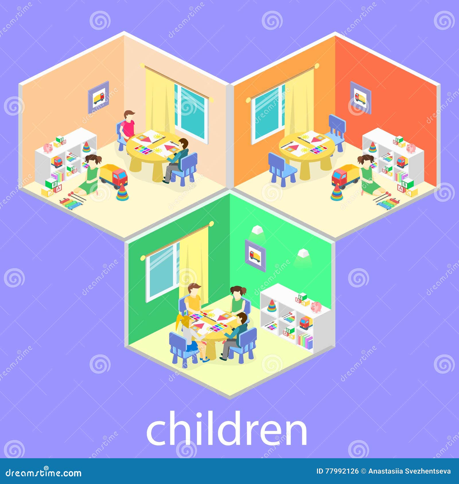 Isometric Interior of Room in the Kindergarten. Children Draw Stock ...