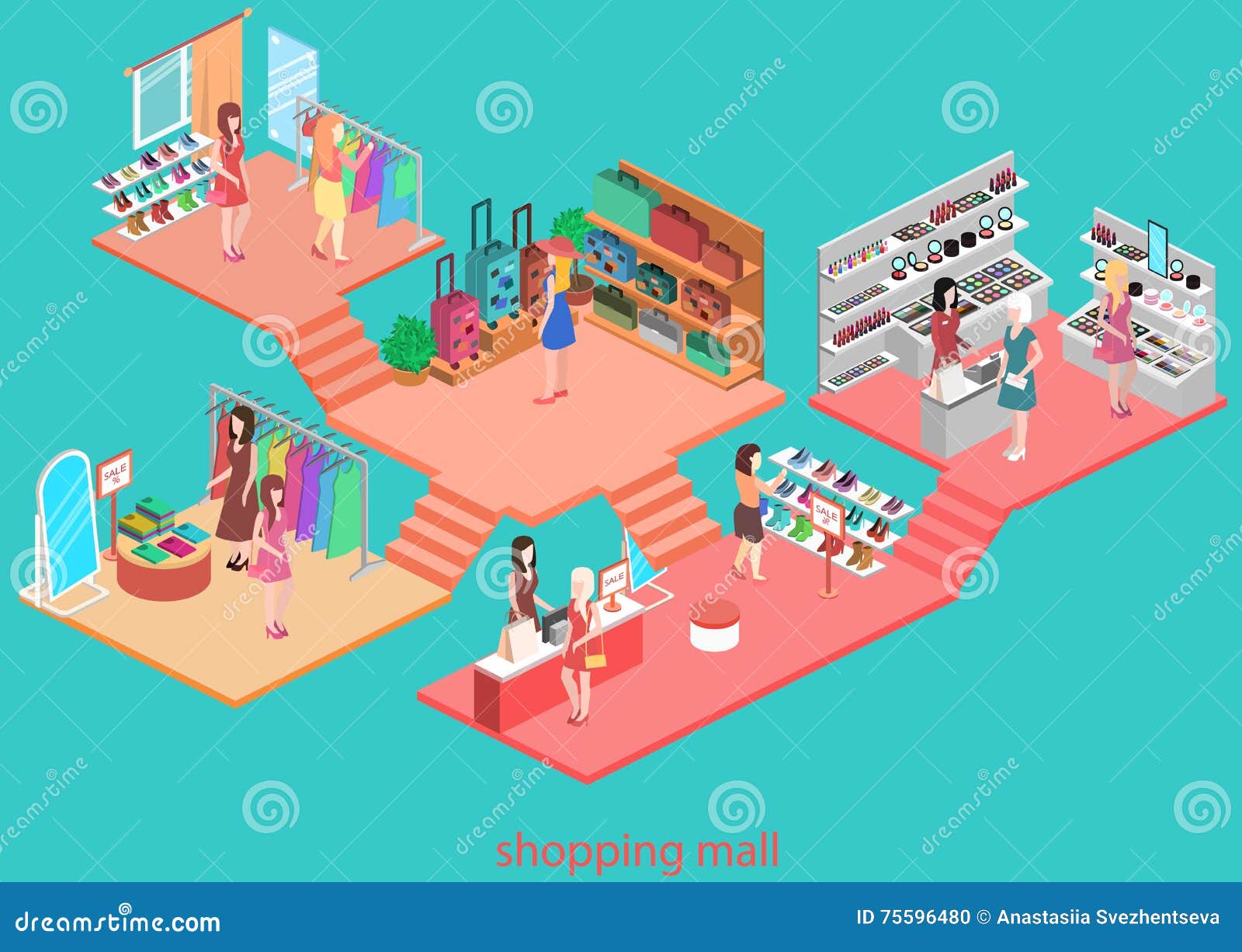 Isometric Interior of Shopping Mall. Stock Illustration - Illustration ...