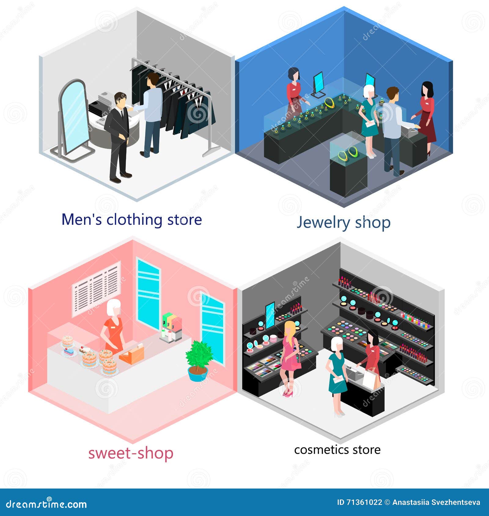 Isometric Interior of Stores Set Stock Illustration - Illustration of ...