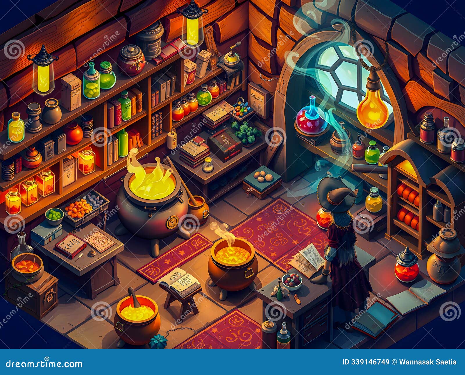 Isometric Interior of Witch S House with Magic Potion, Cauldron with ...