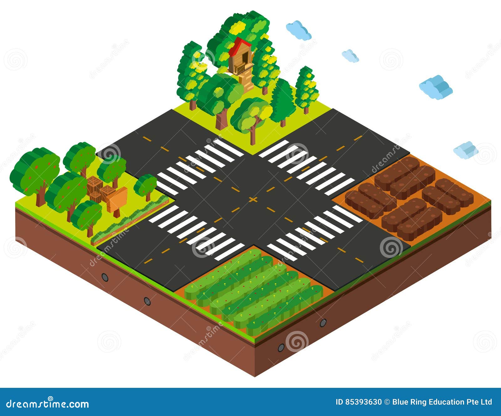 Isometric Intersection Scene with Farming Crops and Trees Stock Vector ...